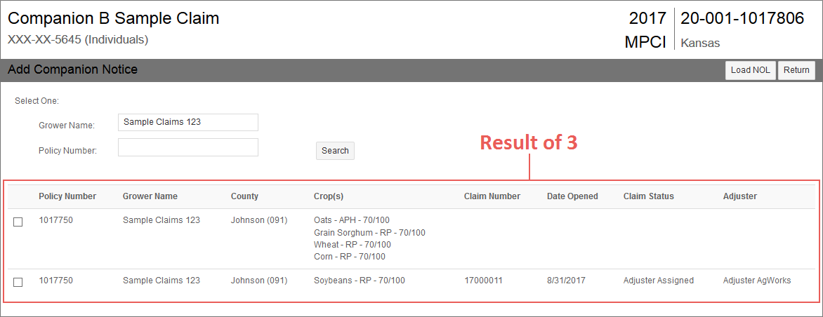 Copy a Notice of Loss (NOL) from an Existing Claim to a Companion Policy