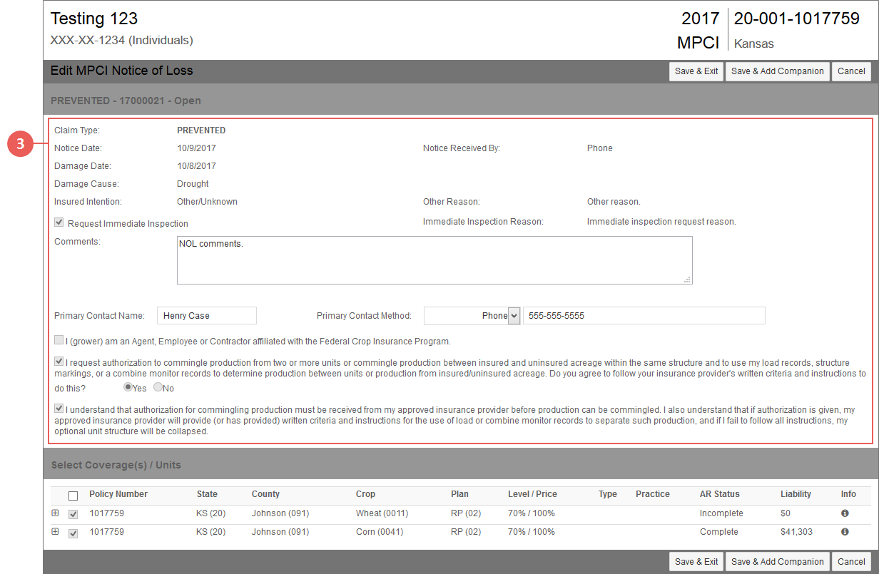Edit an MPCI Notice of Loss (NOL)
